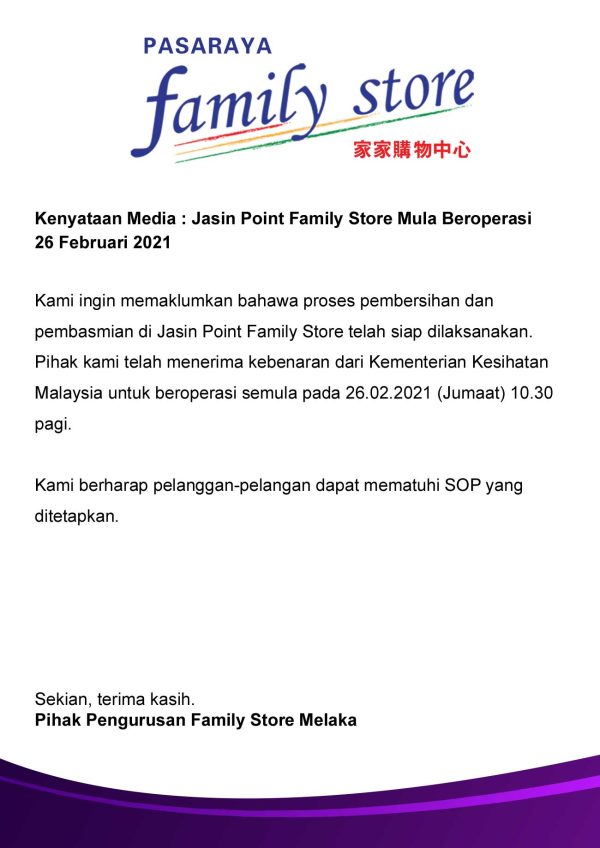 Kenyataan Media : Jasin Point Family Store Mula Beroperasi - Family ...