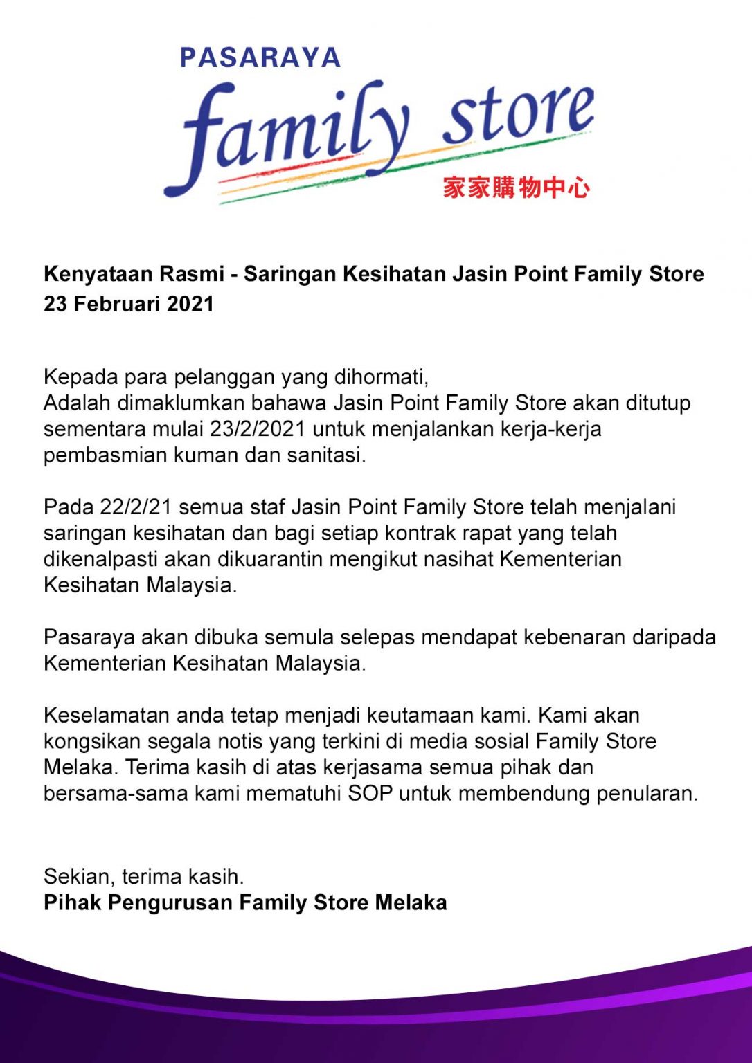 Kenyataan Rasmi - Saringan Kesihatan Jasin Point Family Store - Family ...